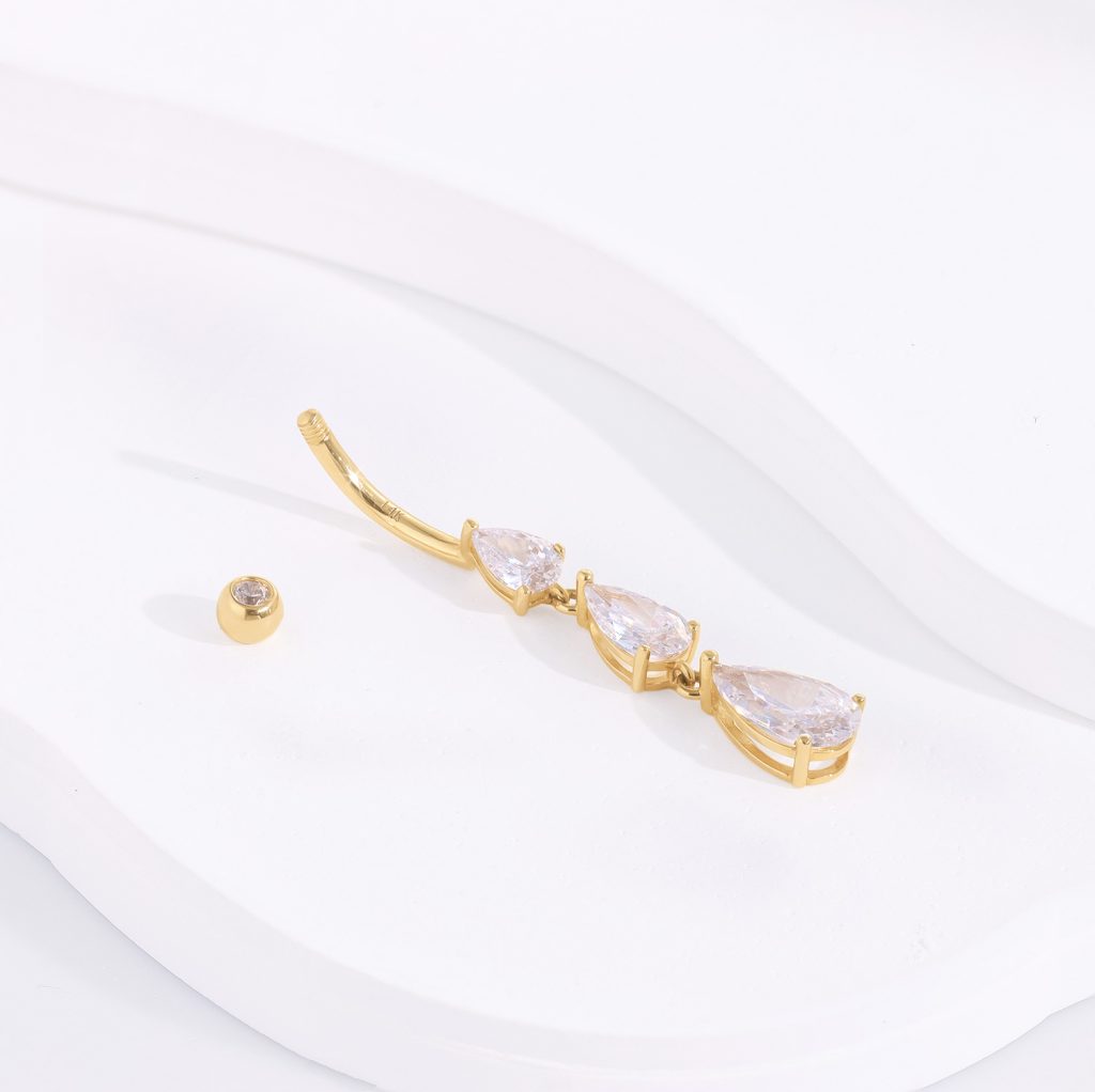 14K Gold CZ Body Piercing Threaded Ends Belly Ring - GPF Jewelry